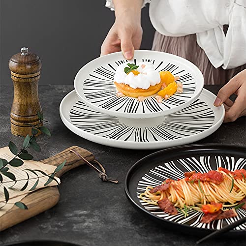 ROLTIN Dessert Dishes Plates Creative Porcelain Dinner Plates Set of 4 Black and White Multiple Stripes Patterns Ceramic Desserts Plate for Steak Salad. Microwave Dishwasher Saf