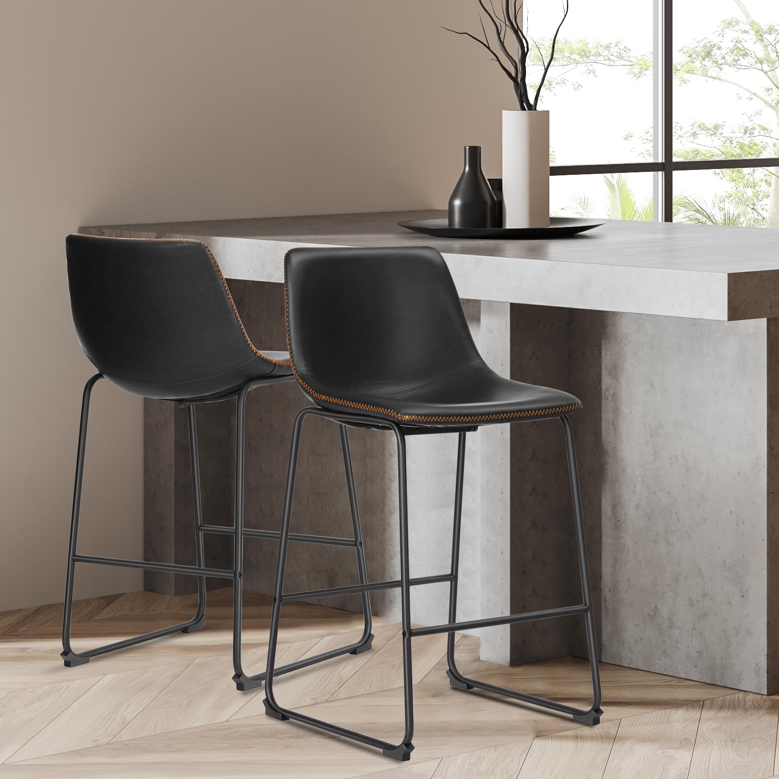 DUMOS 26 Inch Counter Height Bar Stools Set of 2, Modern Faux Leather High Barstools with Back and Metal Leg, Bar Chairs for Kitchen lsland, Black