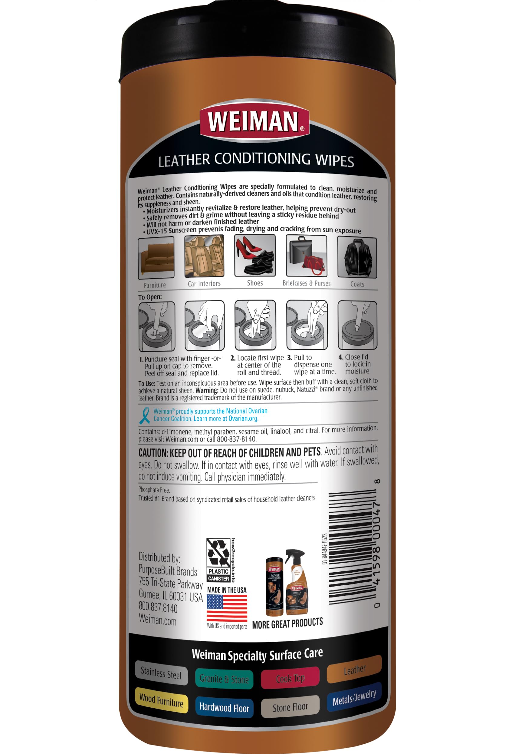 Weiman Leather Cleaner & Conditioner Wipes With UV Protection, Prevent Cracking Or Fading Of Leather Couches, Car Seats, Shoes, Purses - 30 ct