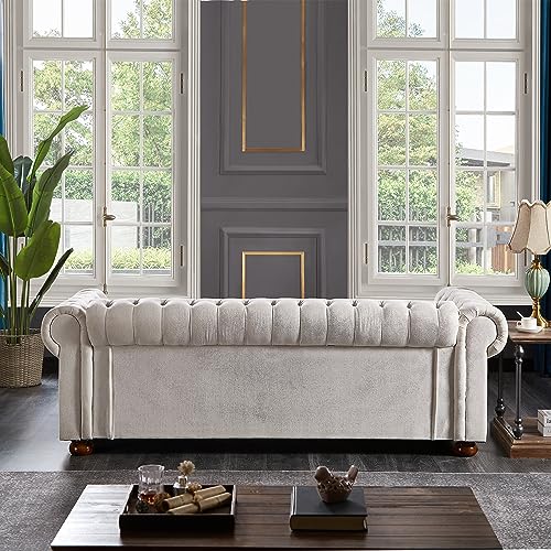 FANYE 88.5" 3-Seaters Chesterfield Clasic Luxury Roller Armrest Special Wood Legs Sectional,Button Tufted Linen Fabric Upholstered Modular Sofa Couch with Removable Cushions & Nailhead Decor, Beige