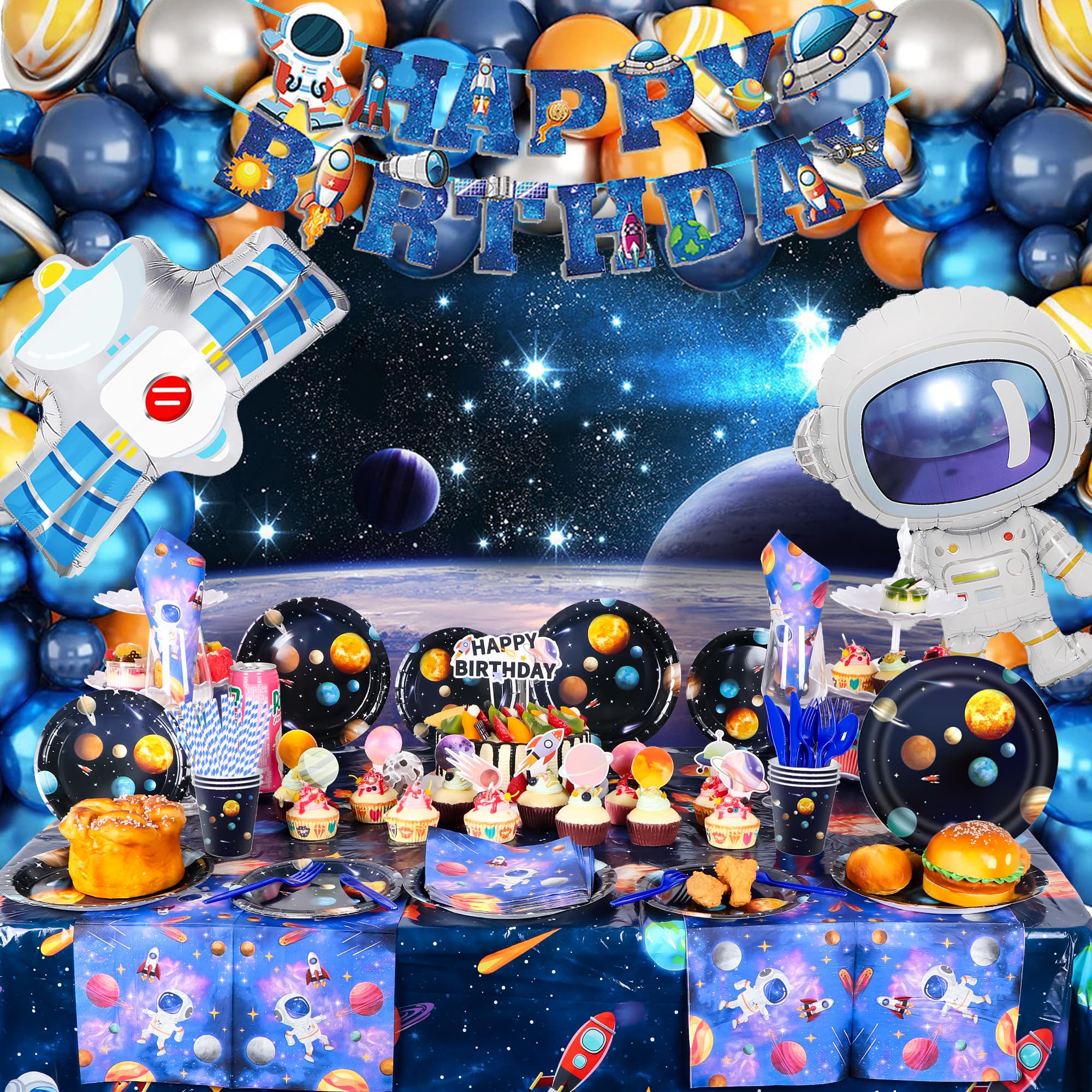 162PCS Outer Space Birthday Party Supplies, Space Themed Party Decorations Include Banner, Balloons, Backdrop, Hanging Swirls, Tablecloth, Plates, Cake Toppers for Kids Birthday Decorations
