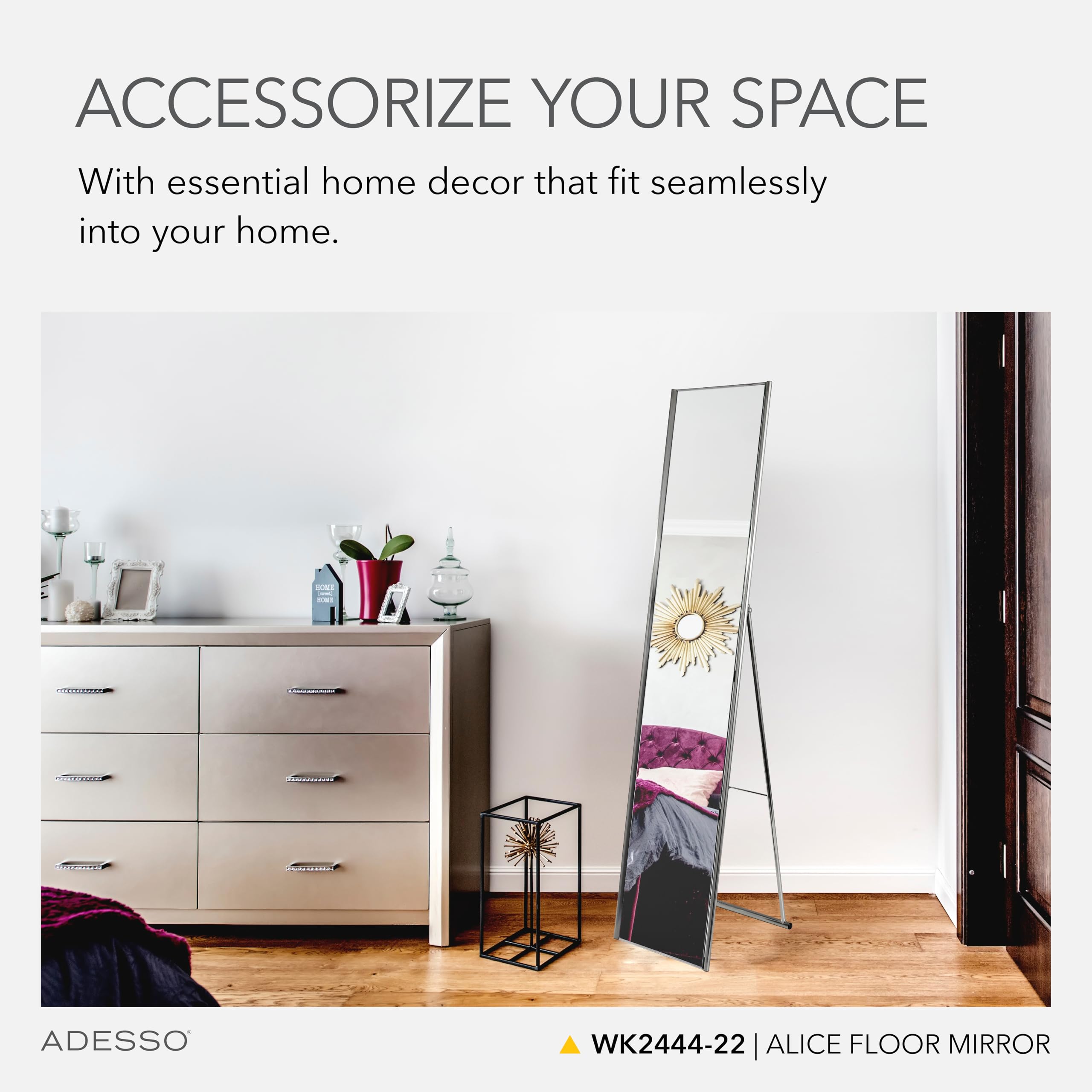 Adesso Alice Simple, Modern Full Length Mirror with Satin Steel Folding Frame