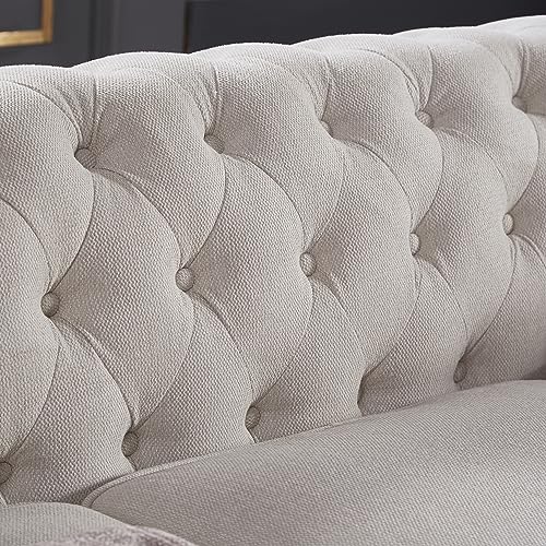 FANYE 88.5" 3-Seaters Chesterfield Clasic Luxury Roller Armrest Special Wood Legs Sectional,Button Tufted Linen Fabric Upholstered Modular Sofa Couch with Removable Cushions & Nailhead Decor, Beige