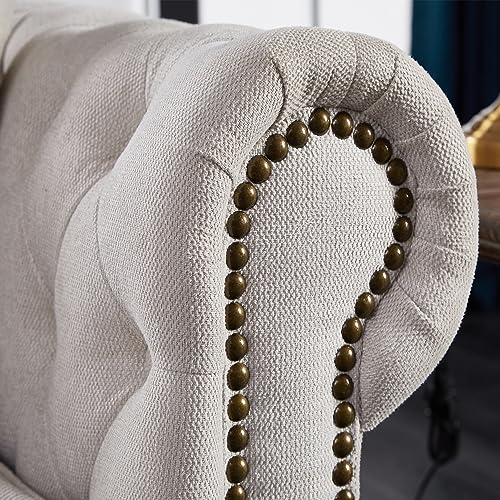 FANYE 88.5" 3-Seaters Chesterfield Clasic Luxury Roller Armrest Special Wood Legs Sectional,Button Tufted Linen Fabric Upholstered Modular Sofa Couch with Removable Cushions & Nailhead Decor, Beige