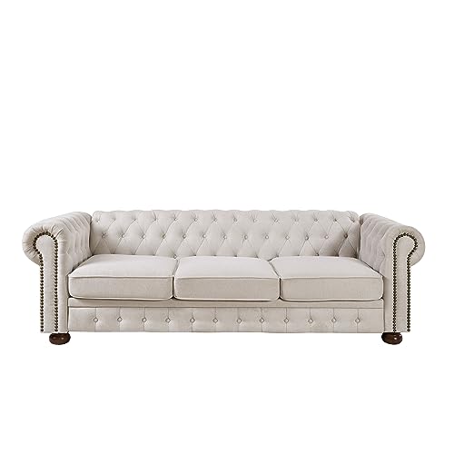 FANYE 88.5" 3-Seaters Chesterfield Clasic Luxury Roller Armrest Special Wood Legs Sectional,Button Tufted Linen Fabric Upholstered Modular Sofa Couch with Removable Cushions & Nailhead Decor, Beige
