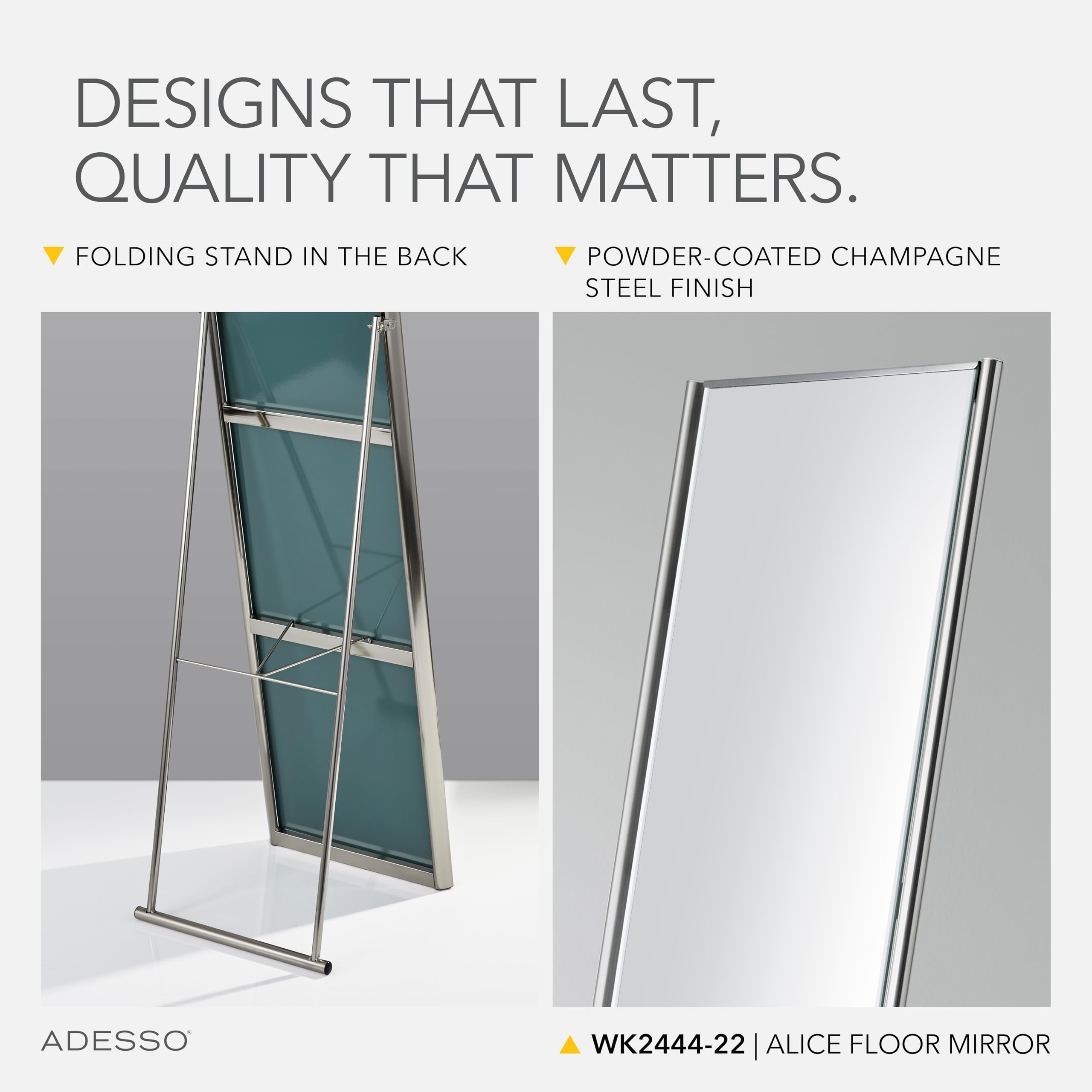 Adesso Alice Simple, Modern Full Length Mirror with Satin Steel Folding Frame