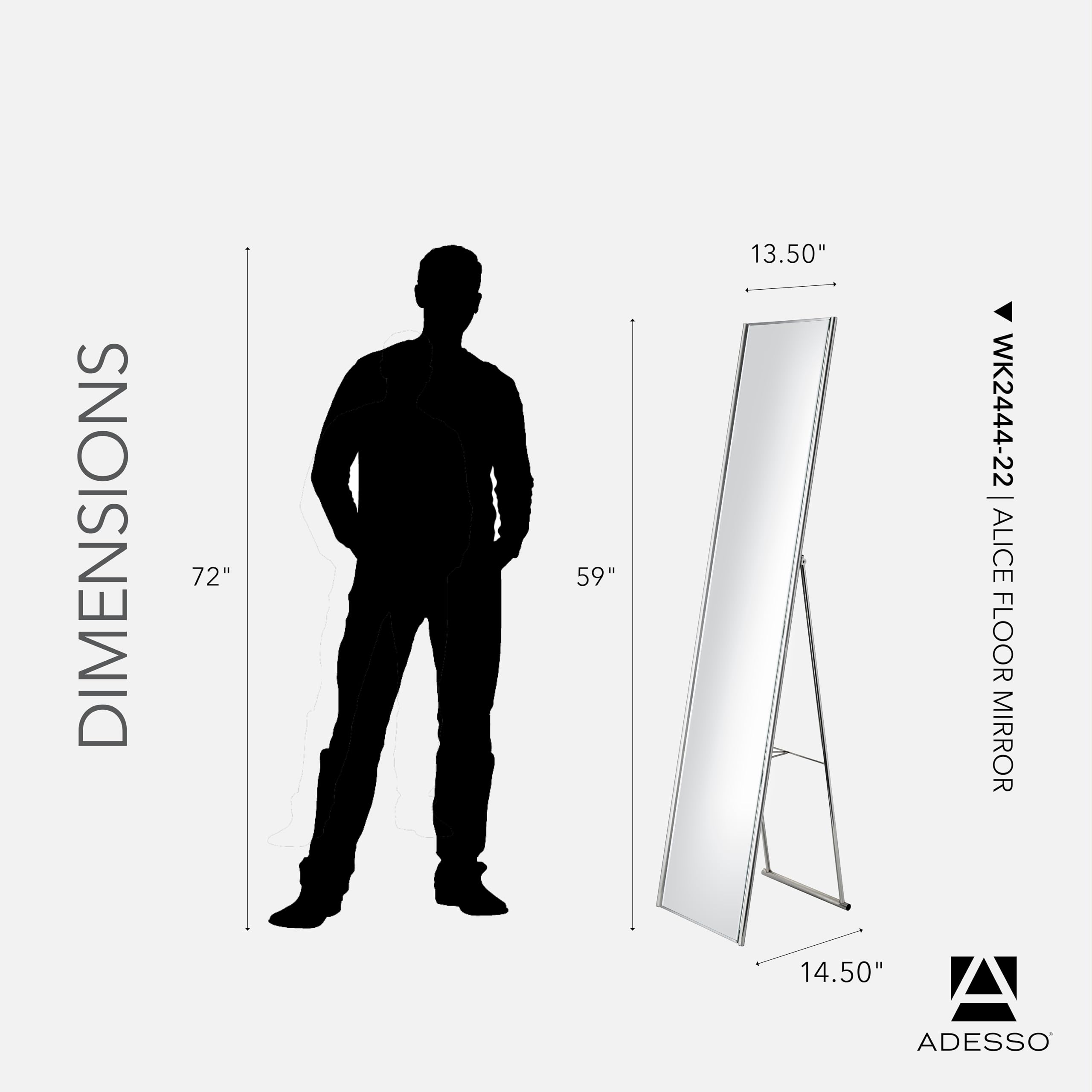 Adesso Alice Simple, Modern Full Length Mirror with Satin Steel Folding Frame