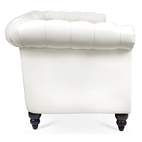 FANYE 84.65" 3-Seaters Chesterfield Clasic Luxury Roller Armrest Soild Wood Legs Sectional,Button Tufted PU Leather Upholstered Modular Sofa Couch with Reversible Cushions & Nailhead Decor, White