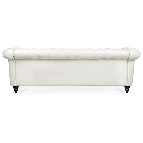 FANYE 84.65" 3-Seaters Chesterfield Clasic Luxury Roller Armrest Soild Wood Legs Sectional,Button Tufted PU Leather Upholstered Modular Sofa Couch with Reversible Cushions & Nailhead Decor, White