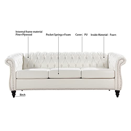 FANYE 84.65" 3-Seaters Chesterfield Clasic Luxury Roller Armrest Soild Wood Legs Sectional,Button Tufted PU Leather Upholstered Modular Sofa Couch with Reversible Cushions & Nailhead Decor, White
