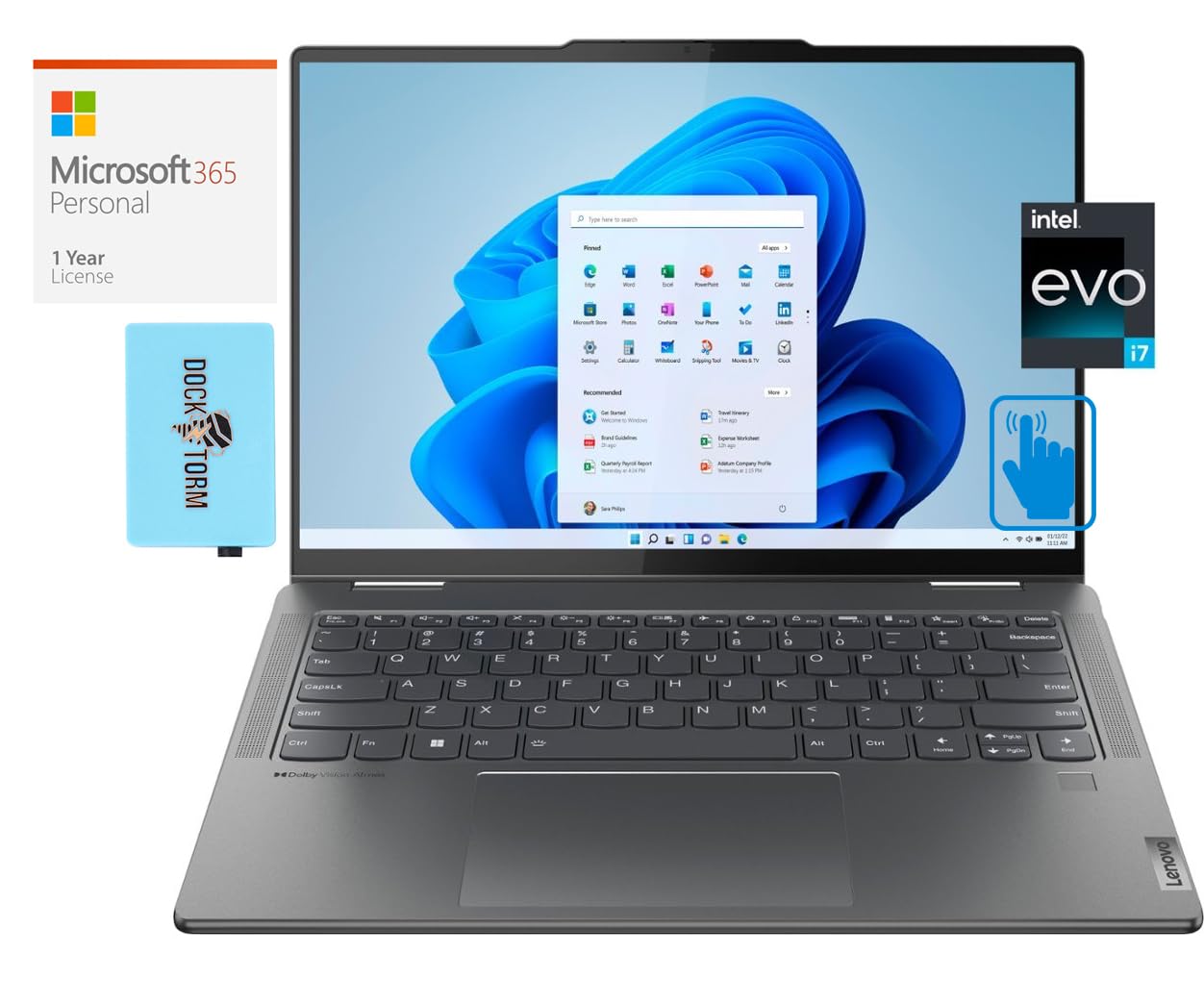 Lenovo Yoga 7i Home & Business 2-in-1 Laptop (Intel i7-1355U 10-Core, 16GB LPDDR5 5200MHz RAM, 1TB M.2 2242 PCIe SSD, Intel Iris Xe, 14.0" Win 11 Pro) with MS 365 Personal, Dockztorm Hub