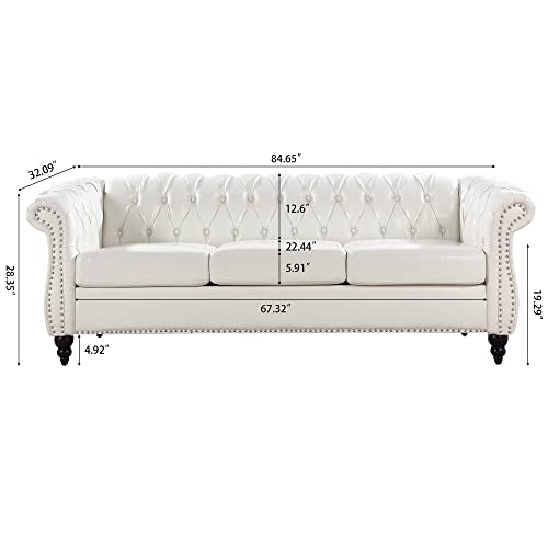 FANYE 84.65" 3-Seaters Chesterfield Clasic Luxury Roller Armrest Soild Wood Legs Sectional,Button Tufted PU Leather Upholstered Modular Sofa Couch with Reversible Cushions & Nailhead Decor, White