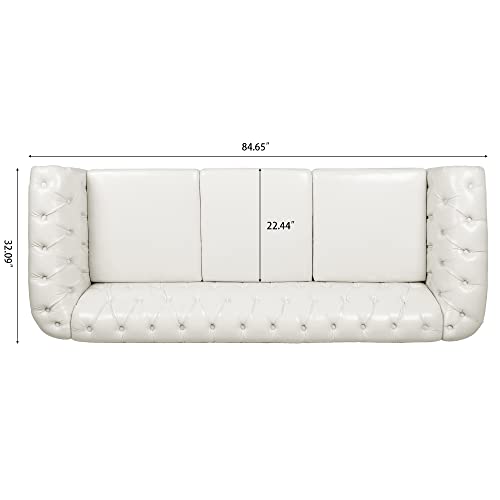 FANYE 84.65" 3-Seaters Chesterfield Clasic Luxury Roller Armrest Soild Wood Legs Sectional,Button Tufted PU Leather Upholstered Modular Sofa Couch with Reversible Cushions & Nailhead Decor, White