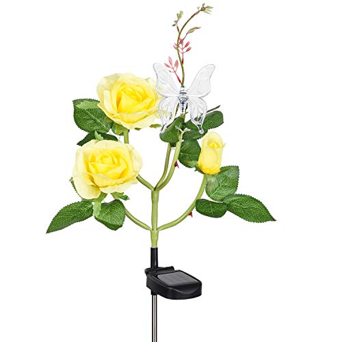 Doingart Outdoor Flower Garden Lights - Solar Powered Artificial Rose Flower Stake with Butterfly Color Changing Lights for Garden Patio Flowerbed Decoration (Yellow)