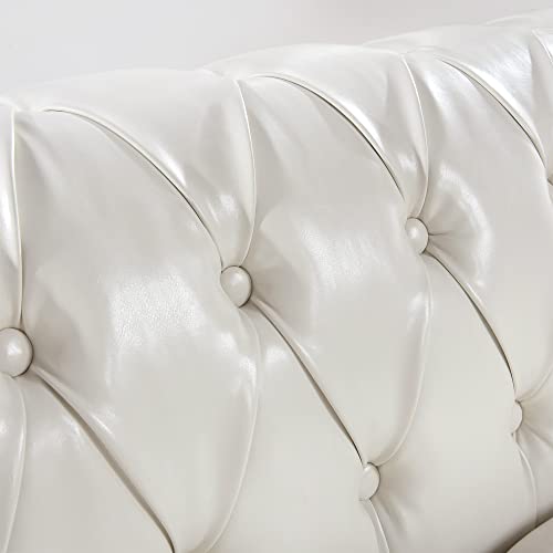 FANYE 84.65" 3-Seaters Chesterfield Clasic Luxury Roller Armrest Soild Wood Legs Sectional,Button Tufted PU Leather Upholstered Modular Sofa Couch with Reversible Cushions & Nailhead Decor, White