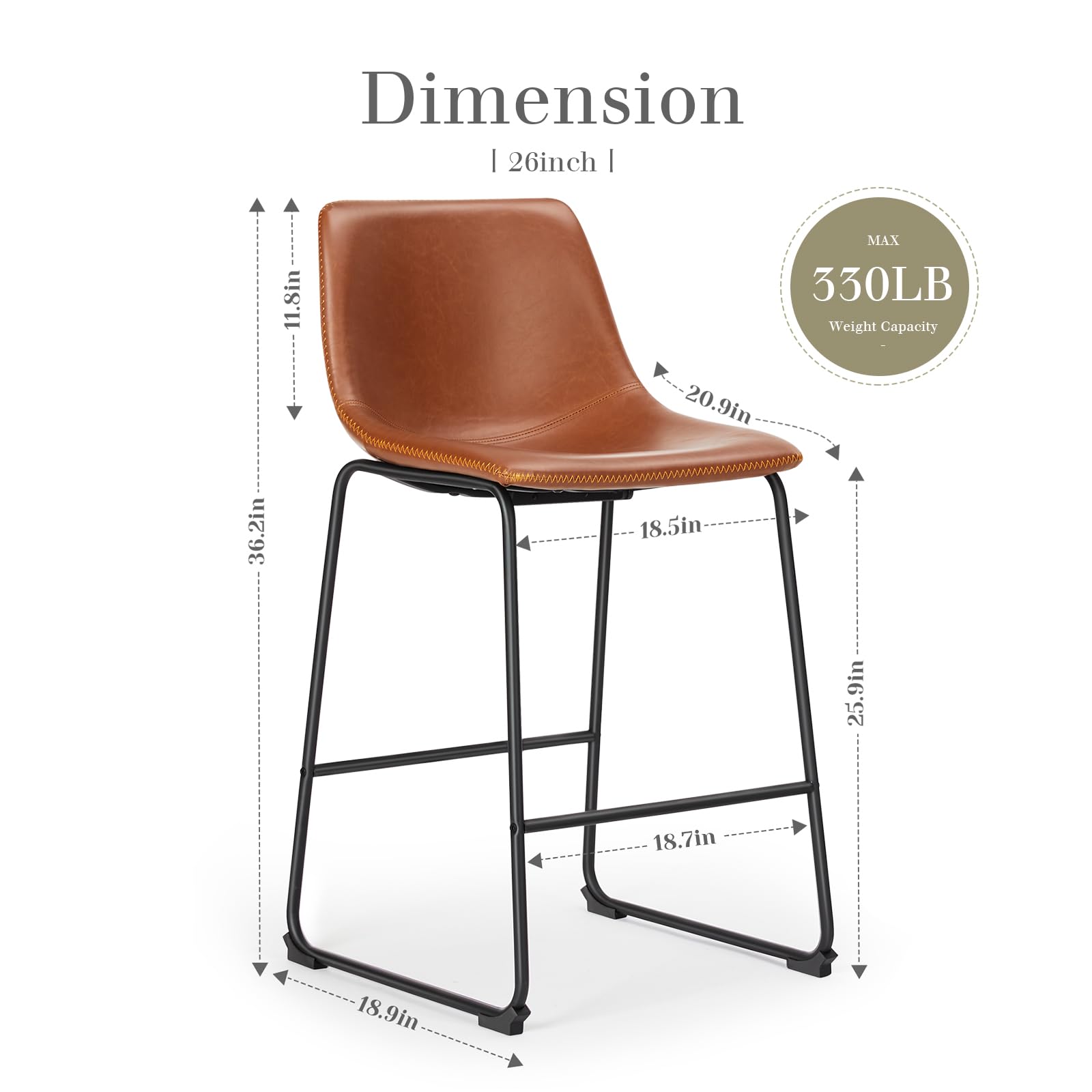 DUMOS 26 Inch Counter Height Bar Stools Set of 2, Modern Faux Leather High Barstools with Back and Metal Leg, Bar Chairs for Kitchen lsland, Brown