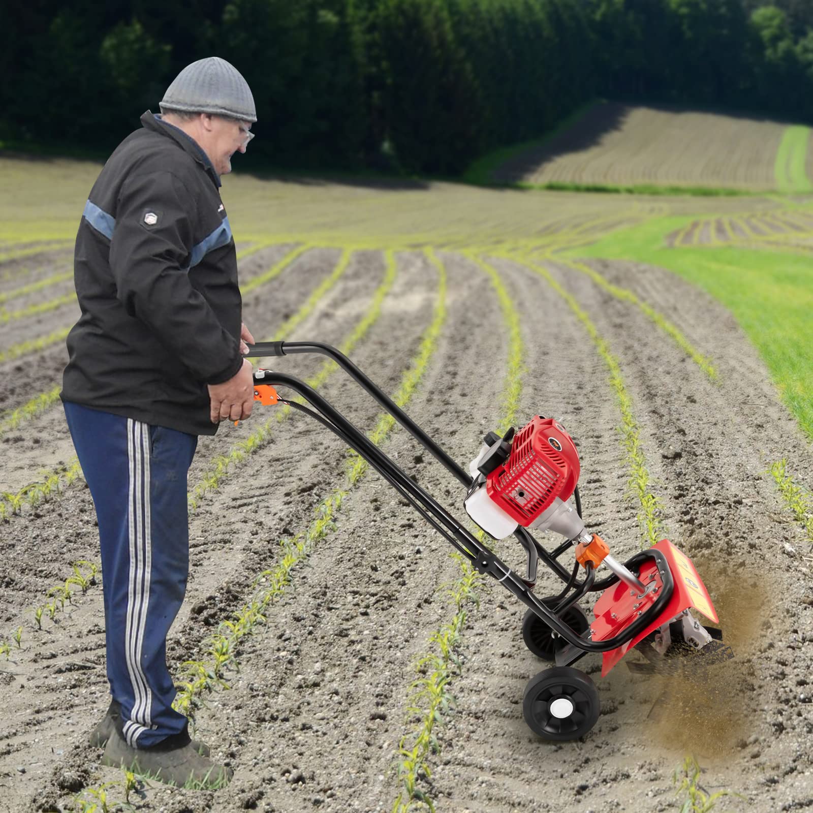 Mini Tiller Cultivator, Garden Tiller, Powerful 52cc 2-Cycle Gas Powered Hand Rotary Cultivator Rototiller, Garden Tool Cordless with Long Handle, Air-Cooled