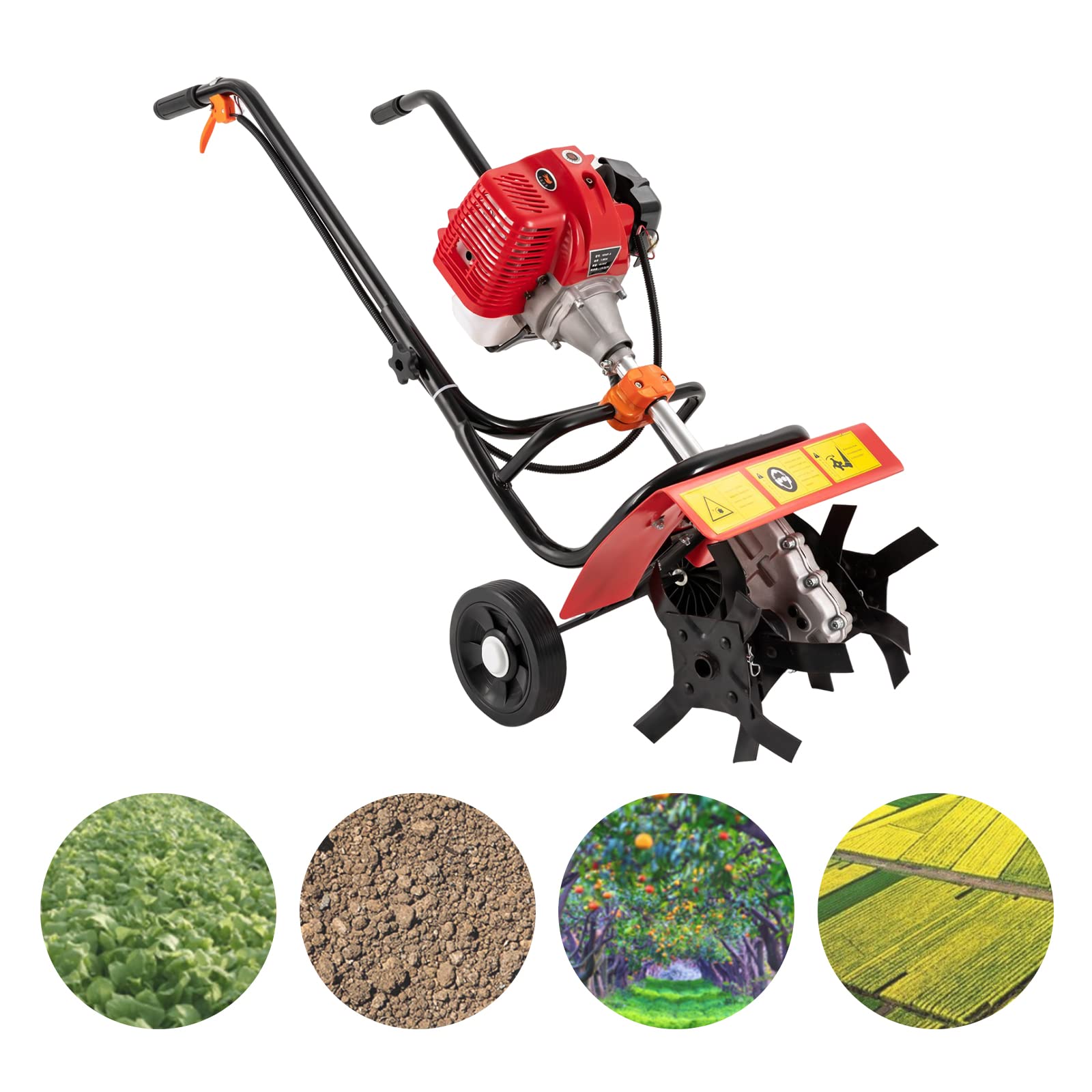 Mini Tiller Cultivator, Garden Tiller, Powerful 52cc 2-Cycle Gas Powered Hand Rotary Cultivator Rototiller, Garden Tool Cordless with Long Handle, Air-Cooled