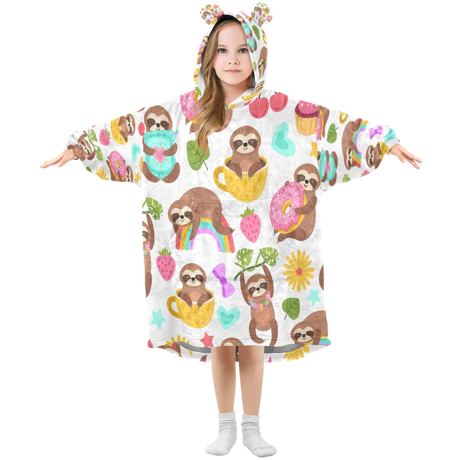 Kigai Cute Sloth Wearable Blanket Hoodie for Kids Oversized Hooded Sweatshirt Soft Cozy Flannel Blanket with Pocket