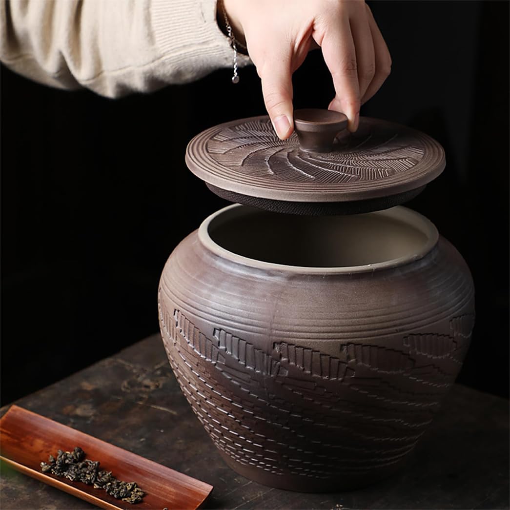ZHOUXIAO Chinese Tradition Ceramic Tea Canister with Lid,Antique Embossed Texture Porcelain Sealed Tea Storage Jars Tea Tins Can for Kitchen Tea Coffee Condiment Bean for Kit A