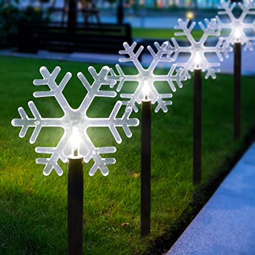 VOGVOG Christmas Snowflake Lights, 5 Pack Solar Christmas Pathway Markers with Cool White Fairy Lights for Outdoor Holiday Walkway Patio Garden Christmas Decorations