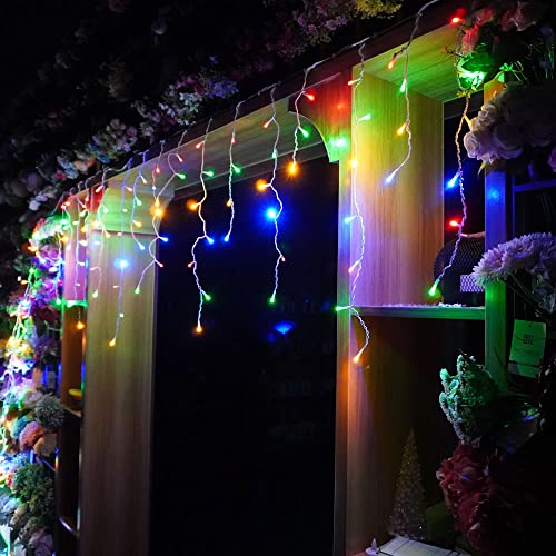 YASENN 100LED 9.9Ft Icicle Lights,8 Modes String Lights,Icicle Style Lights with Timer,Connectable Fairy Lights for Wall Eave Roof Porch Garden Christmas Decoration (Clear Cable Multicolor LED)