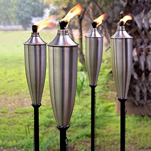Garden Torch Set of 4 Garden Backyard Landscape Lanterns - 60 Inch Citronella Patio Metal Torch (Satin Silver) by Deco Window