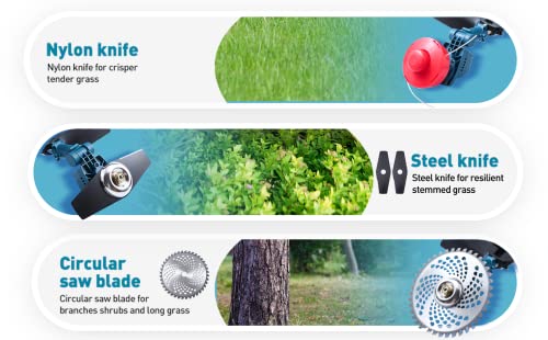 Battery Powered Weed Eater Cordless- Electric Weed Wacker Rechargeable- Two 4.0 Ah Battery Operated Weed Whacker Cordless 21V Grass Edger Trimmer with Blade and Charger- Lawn Yard Garden Brushless-1