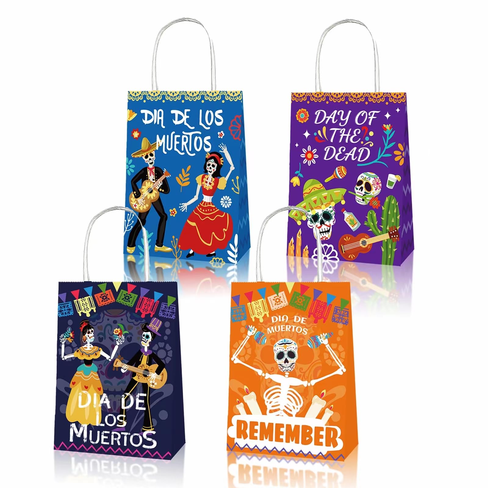 YVAINE 12 Pieces Day of The Dead Gift Bags with Handle Dia De Los Muertos Paper Party Favor Bags Sugar Skull Paper Bag for Halloween Birthday Party Decoration Mexican Fiesta Party Supplies