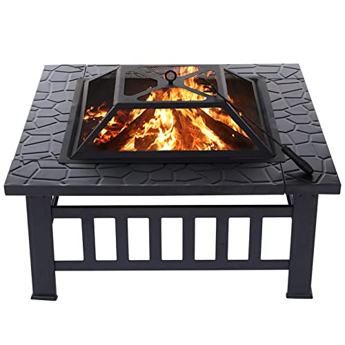 Fire Pit Wood Burning Firepit Metal Square Outdoor Fire Pit Steel BBQ Grill Fire Pit Bowl with Spark Screen Cover, Poker Log Grate for Patio Bonfire Camping Backyard Garden Picnic black 32 inch
