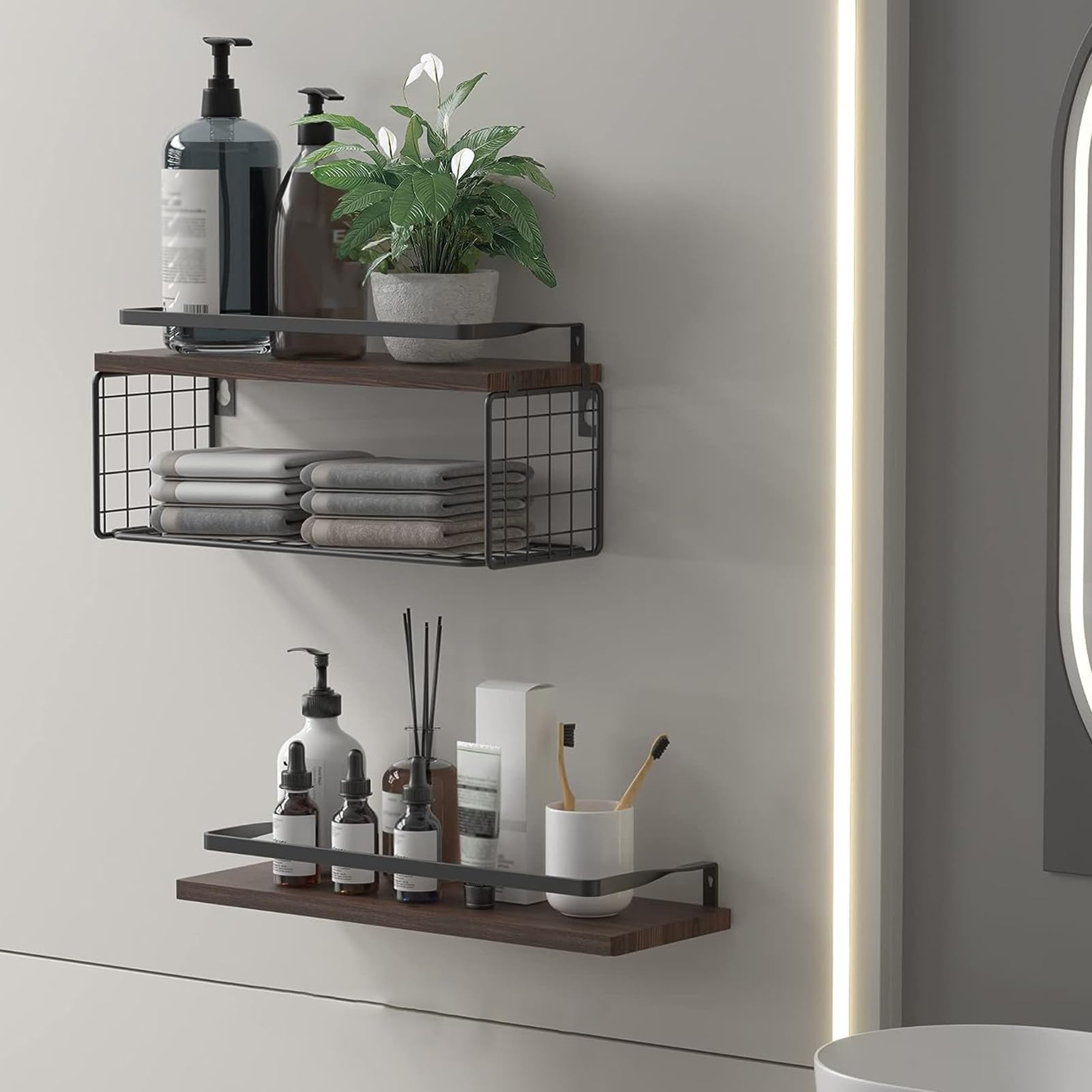 2Pcs Wall Mount Wooden Floating Shelves Metal Wire Mesh Basket Large Capacity Bathroom Shelves Over Toilet Storage Holder Organizer Rack for Bathroom, Kitchen, Living Room, Wall Decor Light Brown