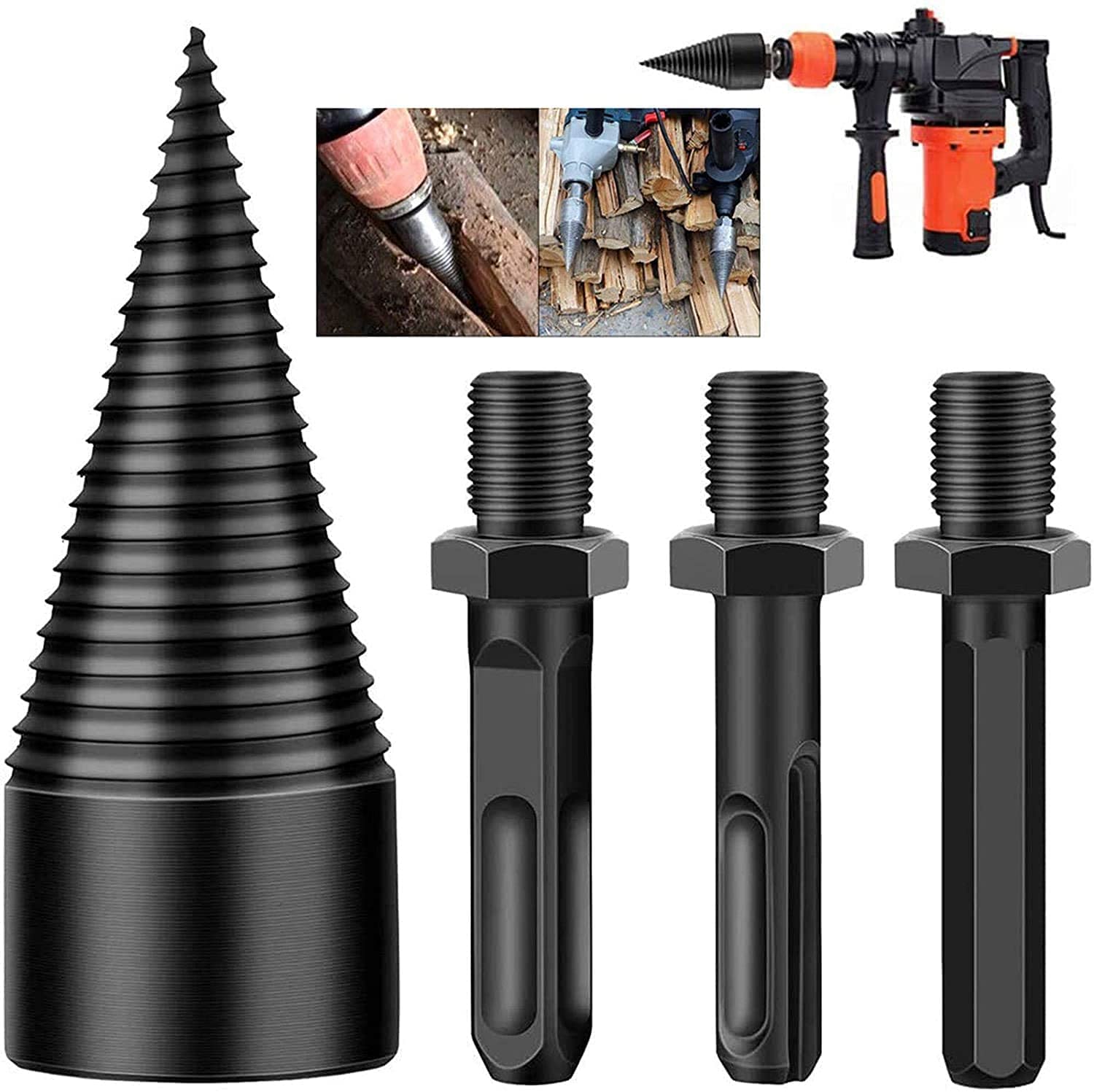 HENGZHE Firewood Log Splitter, 3pcs Drill Bit Removable Cones Kindling Wood Splitting logs bits Heavy Duty Electric Drills Screw Cone Driver Hex + Square + Round 32mm/1.26inch