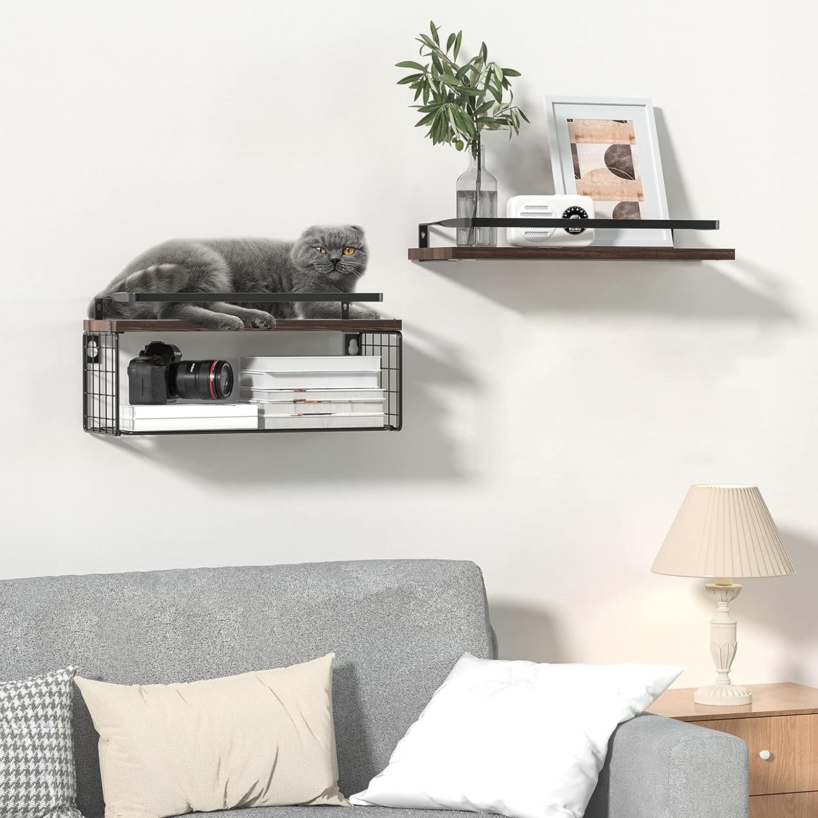 2Pcs Wall Mount Wooden Floating Shelves Metal Wire Mesh Basket Large Capacity Bathroom Shelves Over Toilet Storage Holder Organizer Rack for Bathroom, Kitchen, Living Room, Wall Decor Light Brown