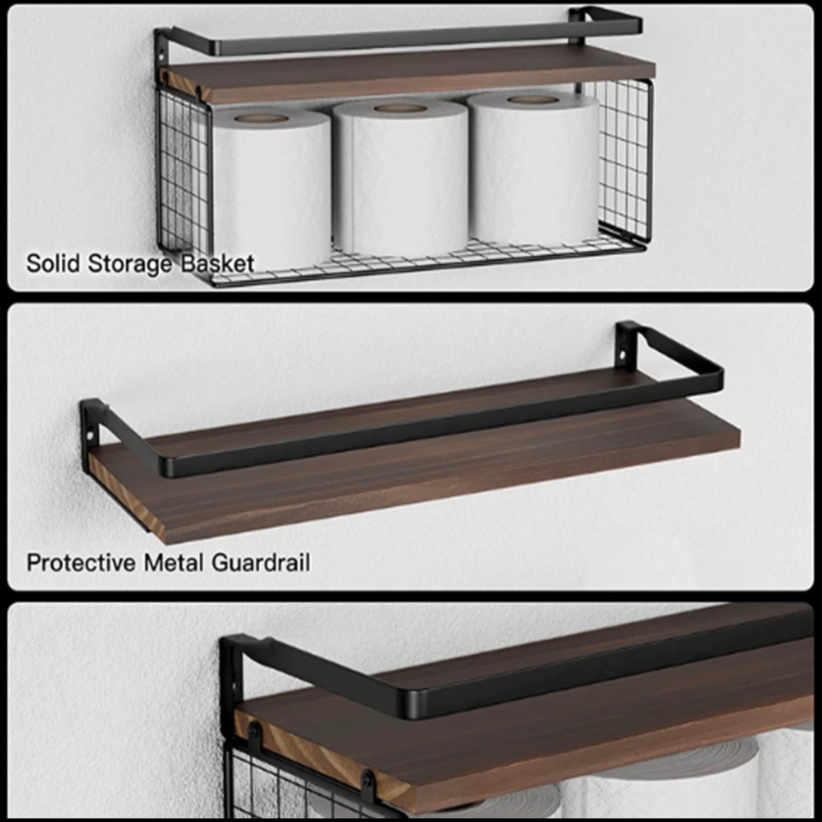 2Pcs Wall Mount Wooden Floating Shelves Metal Wire Mesh Basket Large Capacity Bathroom Shelves Over Toilet Storage Holder Organizer Rack for Bathroom, Kitchen, Living Room, Wall Decor Light Brown