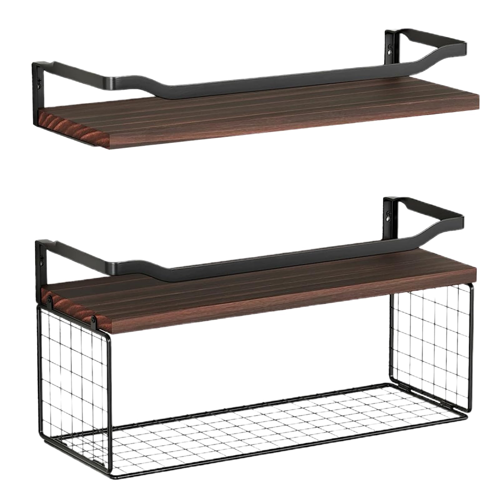 2Pcs Wall Mount Wooden Floating Shelves Metal Wire Mesh Basket Large Capacity Bathroom Shelves Over Toilet Storage Holder Organizer Rack for Bathroom, Kitchen, Living Room, Wall Decor Light Brown