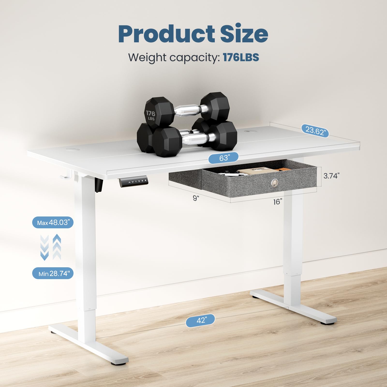 DUMOS 63 x 24 Inches Electric Height with Storage, Ergonomic Adjustable Memory Preset, Computer Stand Up Desk Suitable for Home Office, White, 63'' x 24''-Drawer