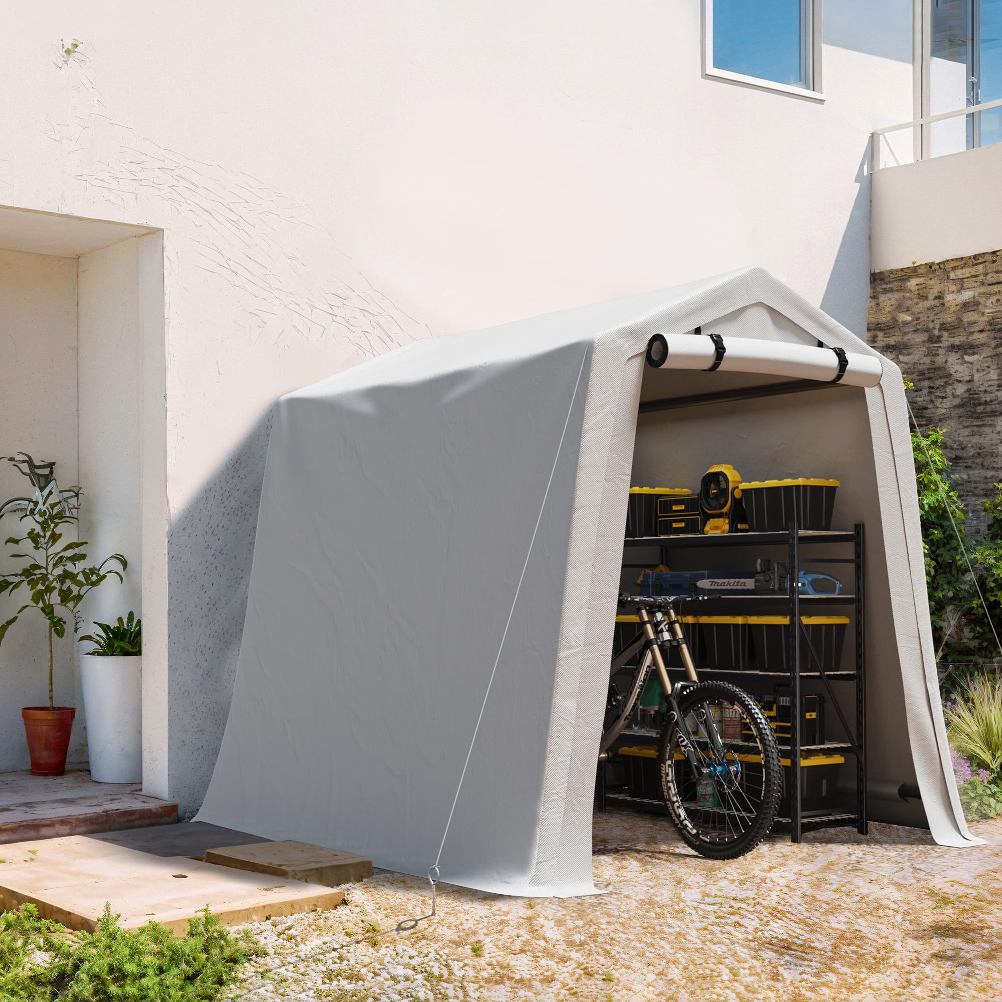 Flamaker Storage Shed 6 x 6 x 7 ft Outdoor Heavy Duty Waterproof Garage Steel Frame Portable Shed with Roll-up Zipper Doors for Motorcycle, Bike, Gardening Tools (Grey)
