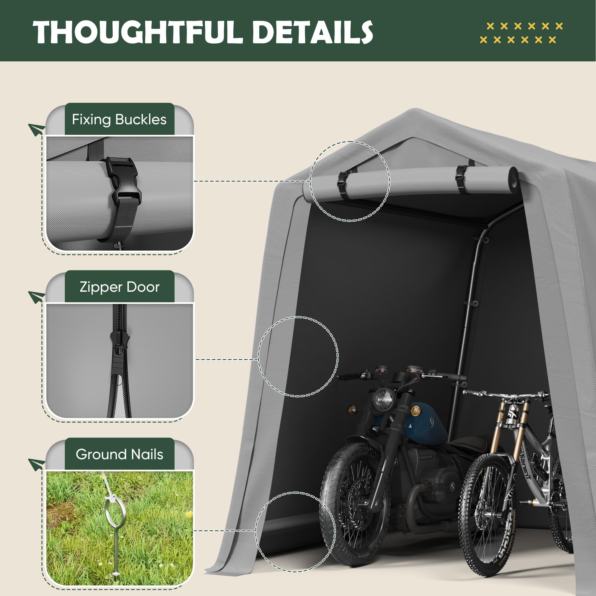 Flamaker Storage Shed 6 x 6 x 7 ft Outdoor Heavy Duty Waterproof Garage Steel Frame Portable Shed with Roll-up Zipper Doors for Motorcycle, Bike, Gardening Tools (Grey)