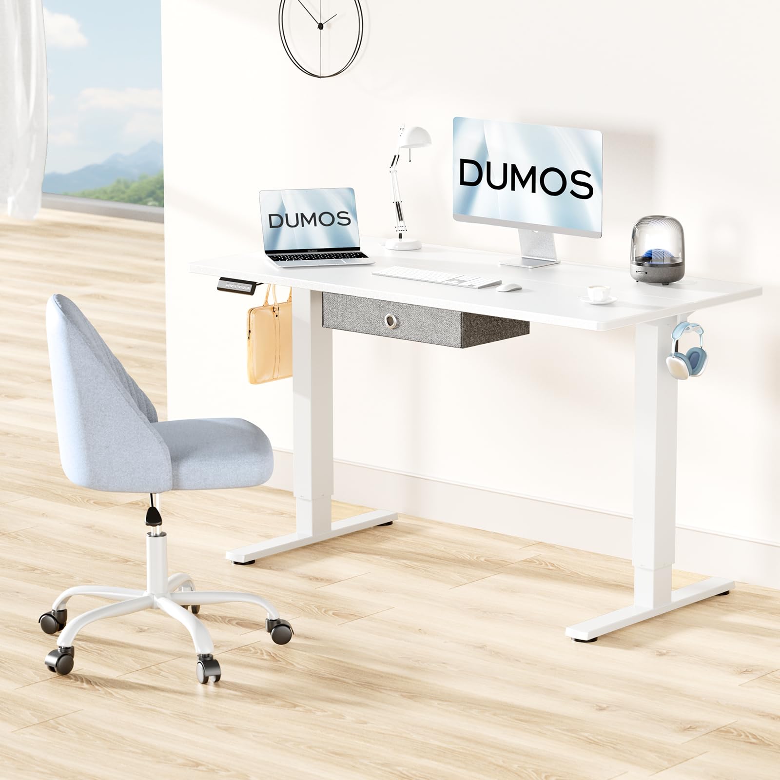DUMOS 63 x 24 Inches Electric Height with Storage, Ergonomic Adjustable Memory Preset, Computer Stand Up Desk Suitable for Home Office, White, 63'' x 24''-Drawer