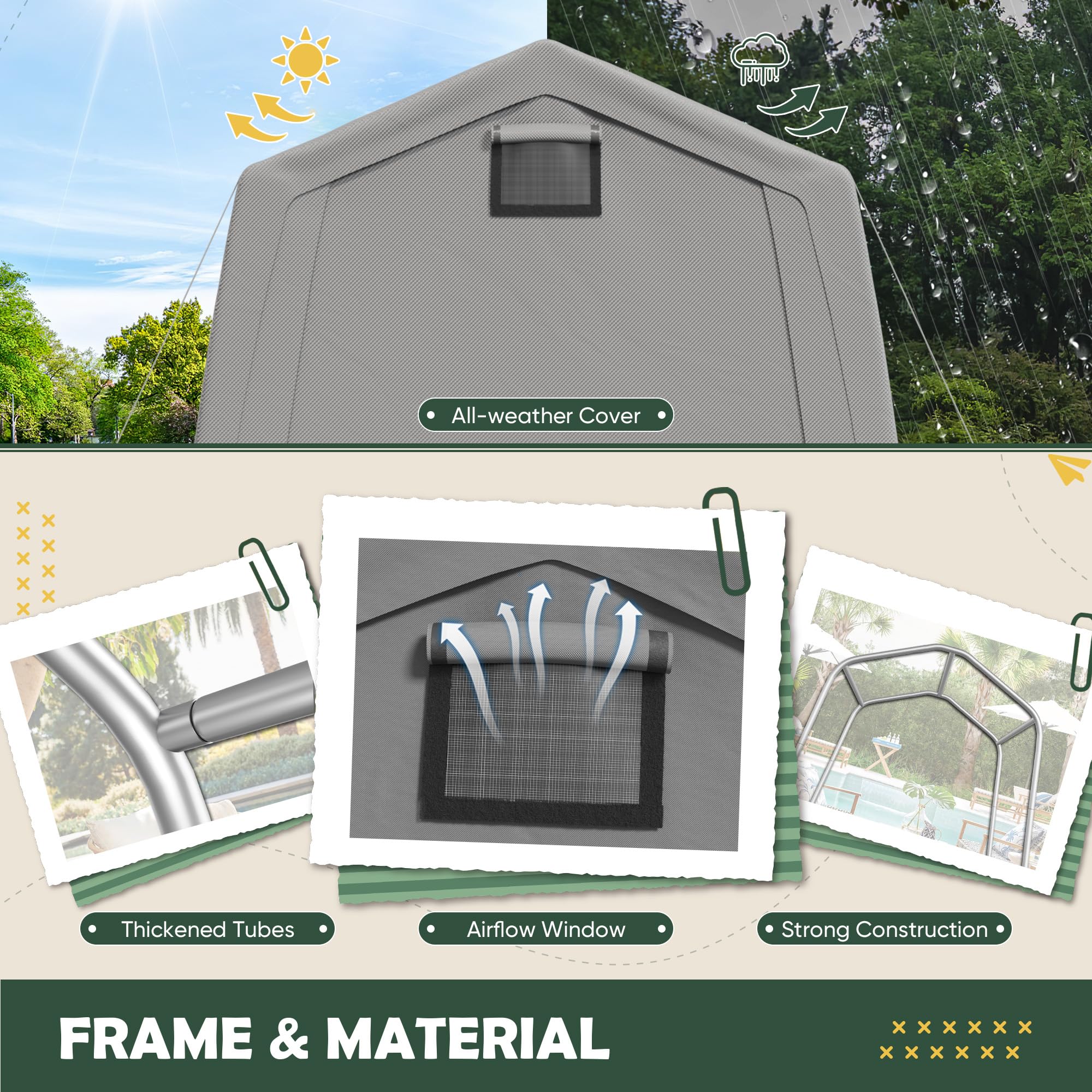Flamaker Storage Shed 6 x 6 x 7 ft Outdoor Heavy Duty Waterproof Garage Steel Frame Portable Shed with Roll-up Zipper Doors for Motorcycle, Bike, Gardening Tools (Grey)