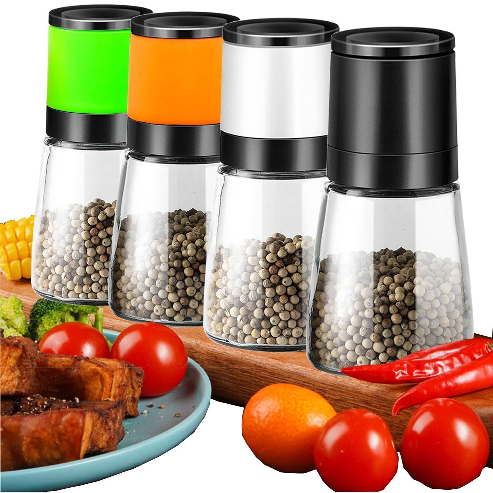 ANDONG Premium Salt & Pepper Grinder Set of 4, Refillable Pepper Mill & Salt Mill with Manual Adjustable Ceramic, Glass Shaker