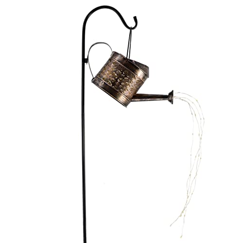 Elfengarden Solar Watering Cans Light Garden Decorative - Leaf Pattern Metal Watering Cans Stake Light with 32 LED Fairy Light - Waterproof Warm White Led for Lawn Patio Or Courtyard Décor