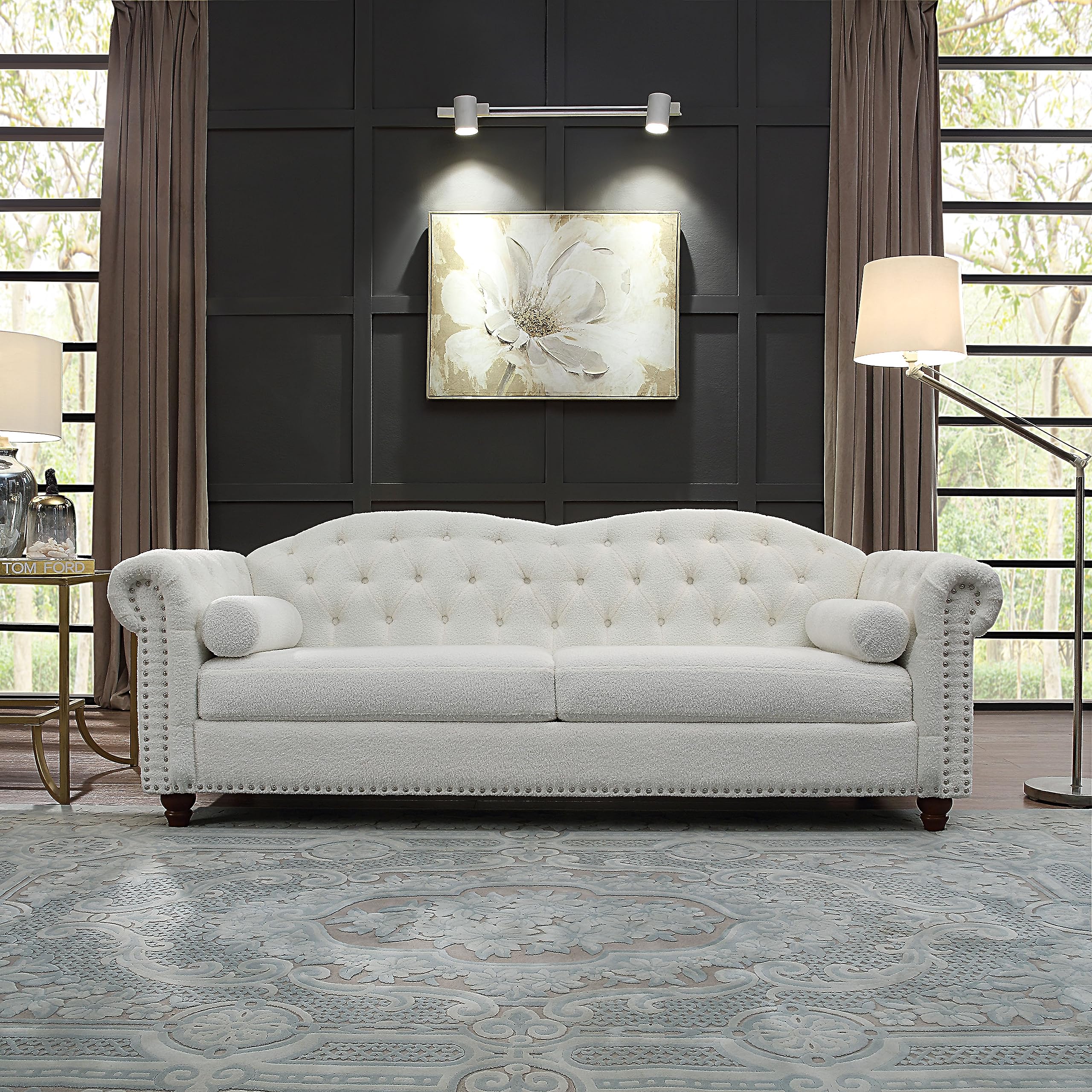 LAVHOME 84'' Chesterfield Loveseat with 2 Lumbar Pillows, Classic 3 Seat Tufted Upholstered Couch, High-tech Fabric Sleeper Sofa with Nailhead Scrolled Arms for Living Room(White)