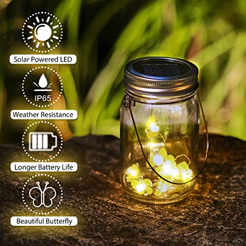Mason Jar Light Hanging Solar Lantern Outdoor Lights Waterproof Decorative, Solar Garden Light with 10 pcs Butterfly LED Lights, Landscape Lights for Home or Yard Decor, 2 Pack.