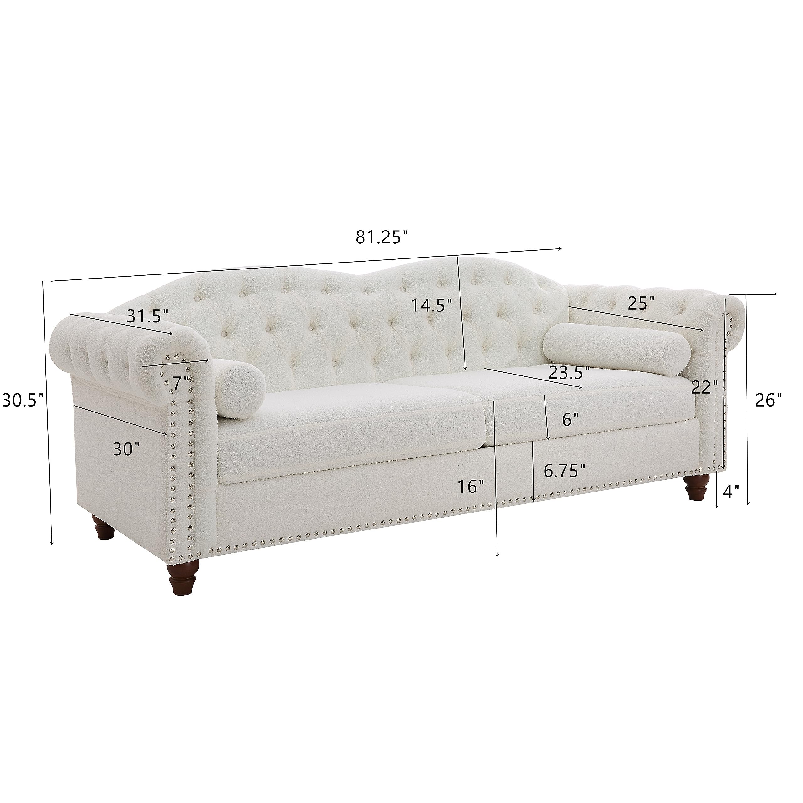 LAVHOME 84'' Chesterfield Loveseat with 2 Lumbar Pillows, Classic 3 Seat Tufted Upholstered Couch, High-tech Fabric Sleeper Sofa with Nailhead Scrolled Arms for Living Room(White)