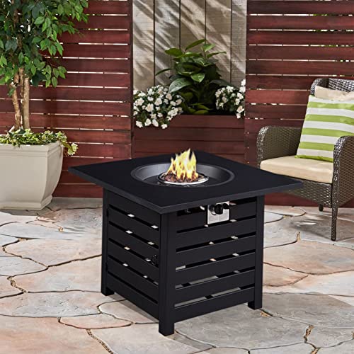 Outdoor Patio Fire Pit Table, 40,000 BTU Square Metal Propane Gas Firepit with Tabletop and Lava Rock for Outside Garden Backyard Deck Patio, 31.77 Inch Black