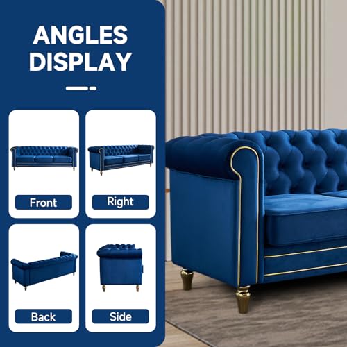 NIOIIKIT 84.65” Chesterfield Velvet Sofa, Button Tufted Upholstered Couch with Scroll Arms, 3 Seater Long Couch for Living Room, Bedroom, Office, Apartment (Chesterfield, Blue)