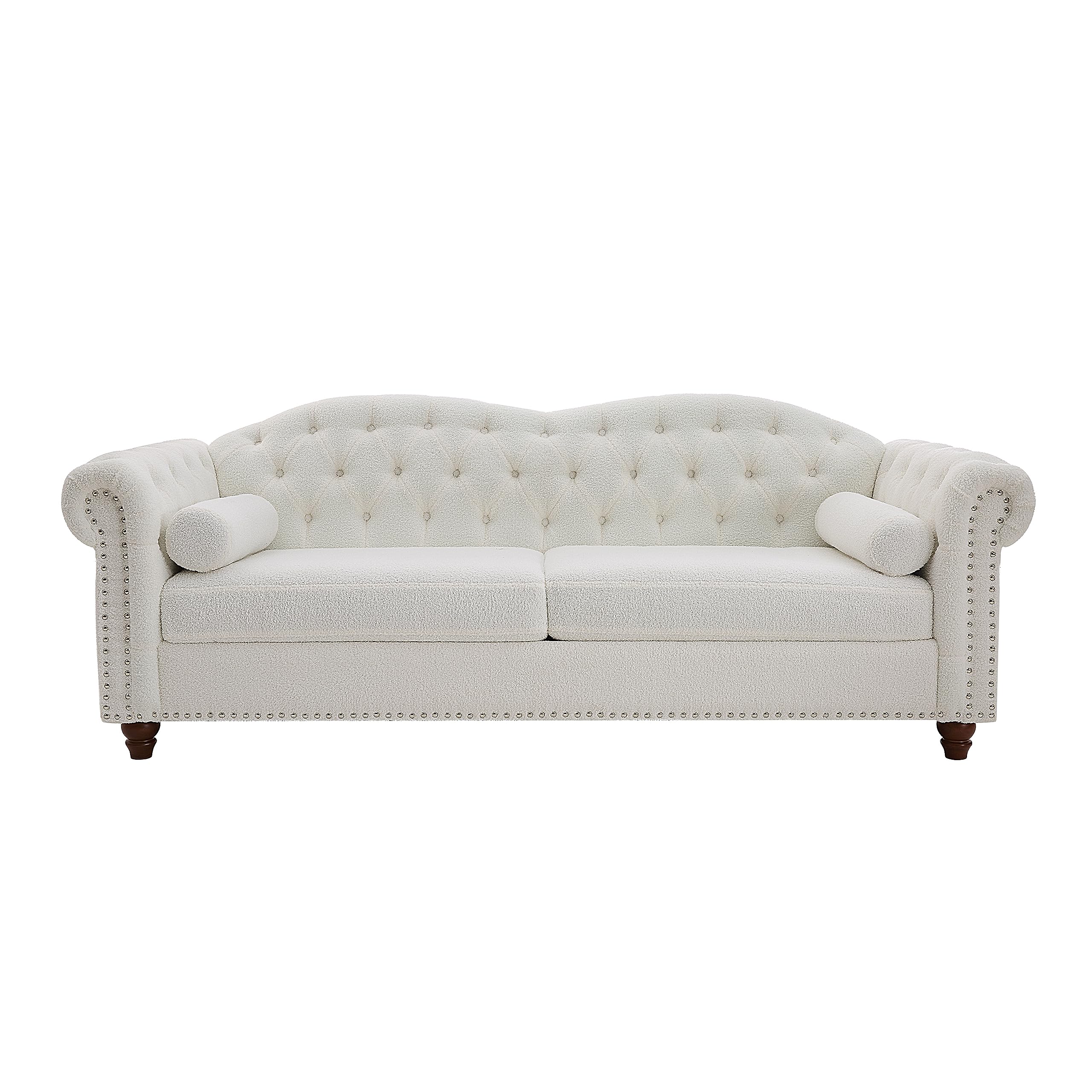 LAVHOME 84'' Chesterfield Loveseat with 2 Lumbar Pillows, Classic 3 Seat Tufted Upholstered Couch, High-tech Fabric Sleeper Sofa with Nailhead Scrolled Arms for Living Room(White)