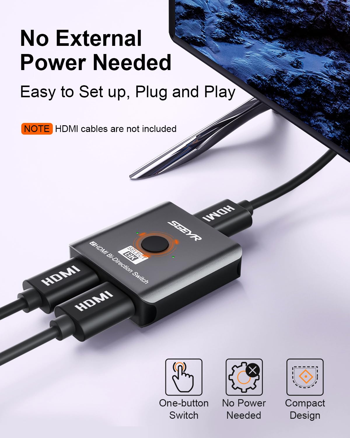SGEYR HDMI Switch, 8K HDMI Switcher 2 in 1 Out,HDMI 2.1 Switch Selector,Aluminum HDMI 2.1 Splitter Bi-Directional Ultra HD, Support 8K@60Hz,48Gbps, Compatible with PS5/4,Xbox,Roku