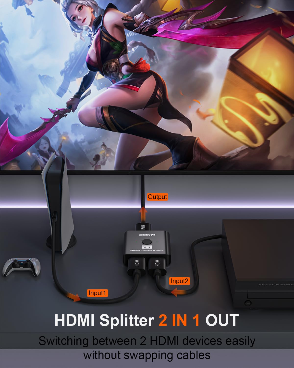 SGEYR HDMI Switch, 8K HDMI Switcher 2 in 1 Out,HDMI 2.1 Switch Selector,Aluminum HDMI 2.1 Splitter Bi-Directional Ultra HD, Support 8K@60Hz,48Gbps, Compatible with PS5/4,Xbox,Roku